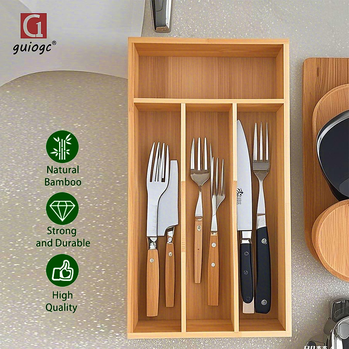 guiogc Bamboo Kitchen Drawer Silverware Organizer, 7 Inch Silverware Utensils Tray Holder for Small Drawer, Wood Caddy for Flatware Cutlery Knives 4-Slots
