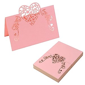 Wealrit 50 pcs 4.7"×3.5" Heart-Shaped Hollow Seating Cards Pink Table Place Cards Laser Cut Wedding Place Cards Small Tent Cards for Wedding Banquet Party Anniversary