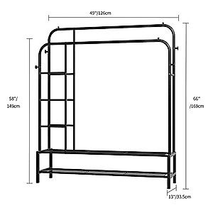 JOISCOPE Double Rods Portable Garment Rack for Hanging clothes, 49 * 66 Inch Metal Clothing Rack with Bottom Shelves and 4 Hooks,Freestanding Clothes Rack for Bedroom,Space Saving, Black