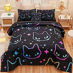 Tasselily Cute Cat Twin Comforter Set for Boys Girls, Soft Warm Lightweight 6 Piece Bed in A Bag Teen Kids Bedding Sets with Sheets