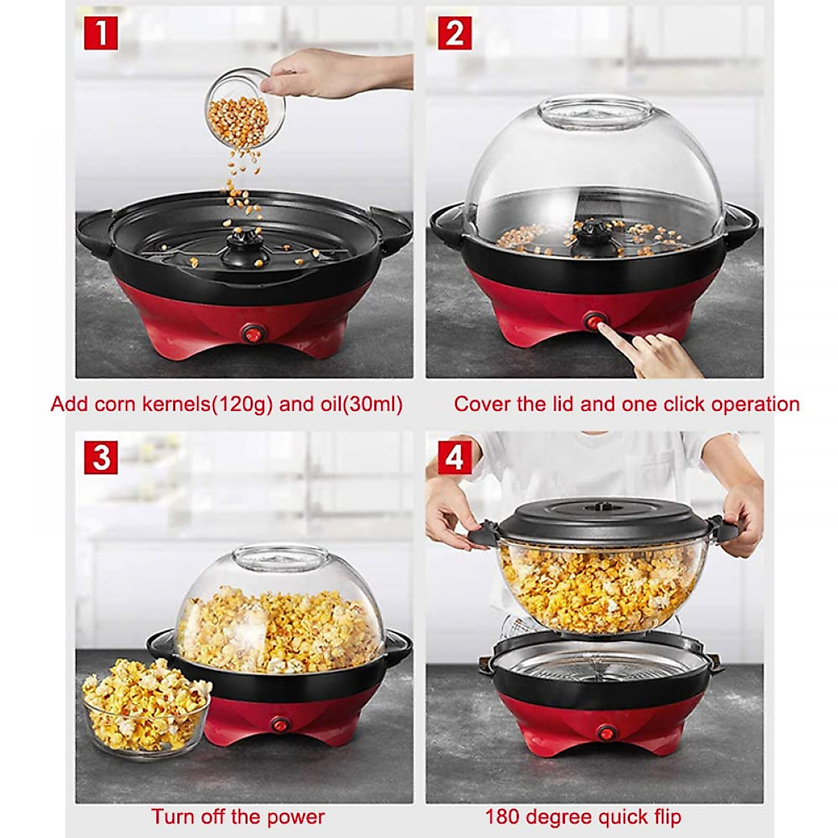 Automatic Stirring Popcorn Maker Popper, Electric Hot Oil Popcorn Machine with Measuring Cap & Built-in Reversible Serving Bowl, Great for Home Party Kids-1