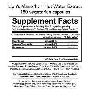 ORIVeDA Lion’s Mane Organic Mushroom Extract 2-Pack - Fruiting Body 180 v-caps, Mycelium 120 v-caps Supports The Brain and Nervous System