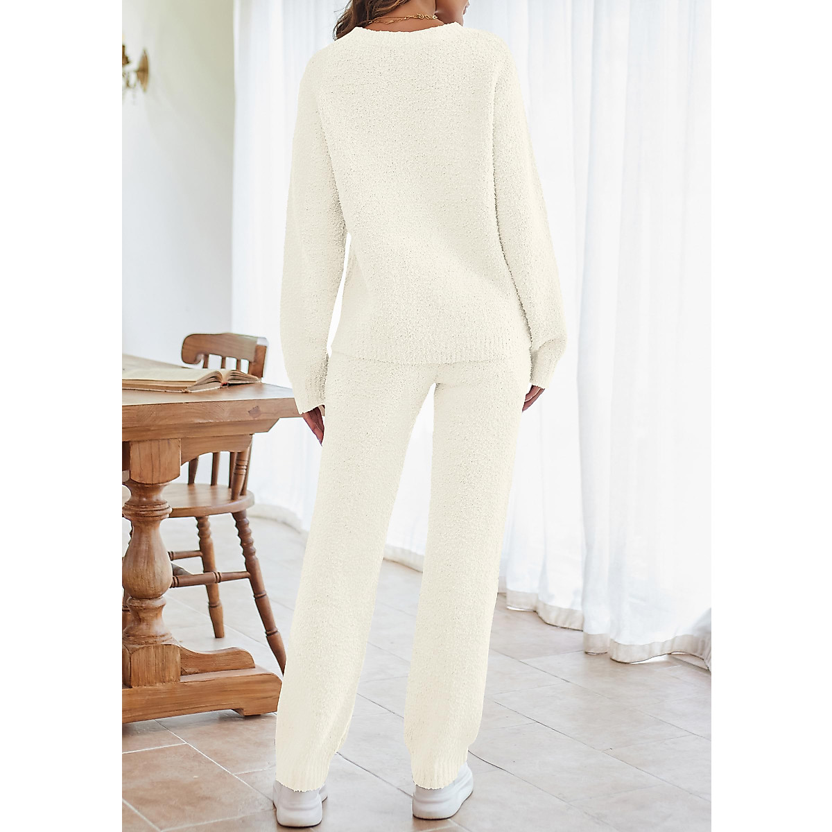 MEROKEETY Womens Fuzzy Fleece Long Sleeve 2 Piece Loungewear Outfits Sweater Pants Pajama Sets, Beige, Large