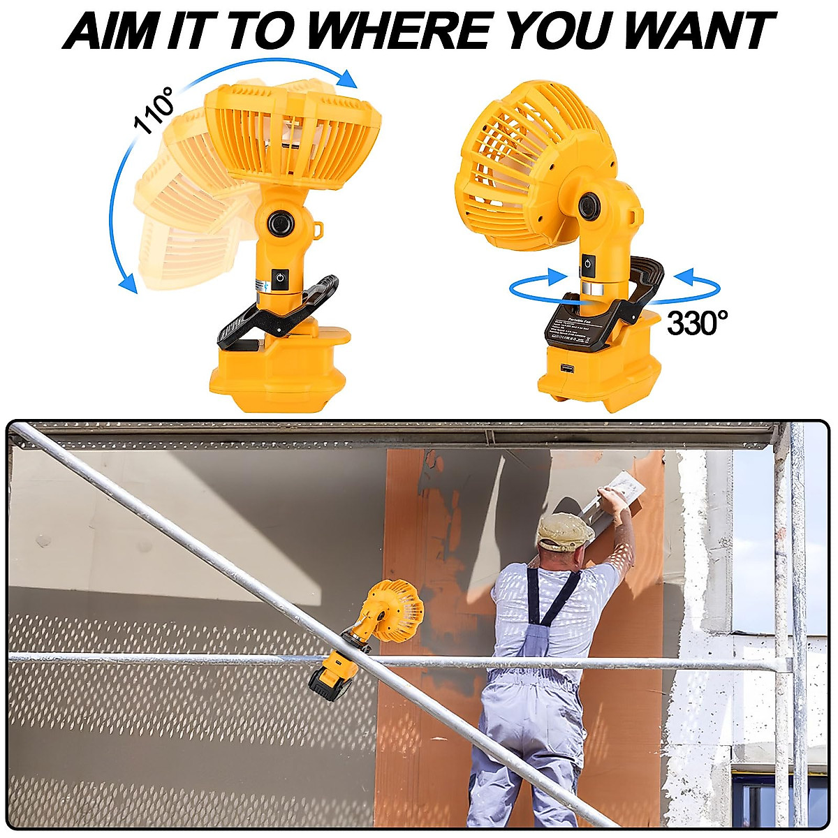 Philophca Cordless Clip Fan, Personal Battery Operated Fan for Dewalt 20V Lithium Battery 3 Speed Camping Fan with USB Port 330° & 110° Pivoting Rechargeable Fan Powerful Wind