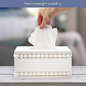 AuldHome Design Beaded Rectangular Tissue Box Cover (White); Rustic Farmhouse Wood Oblong Tissue Holder