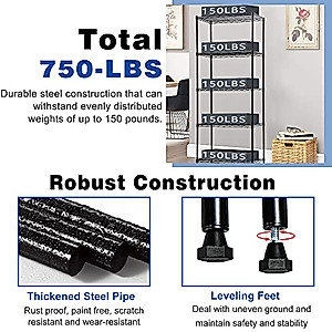 5-Tier Storage Shelves Wire Shelving Unit Large Metal Shelf 60”x24”x14” 750 LBS Capacity NSF Certified Utility Steel Organizer Wire Rack for Kitchen Garage Pantry Laundry Bathroom Closet,Black