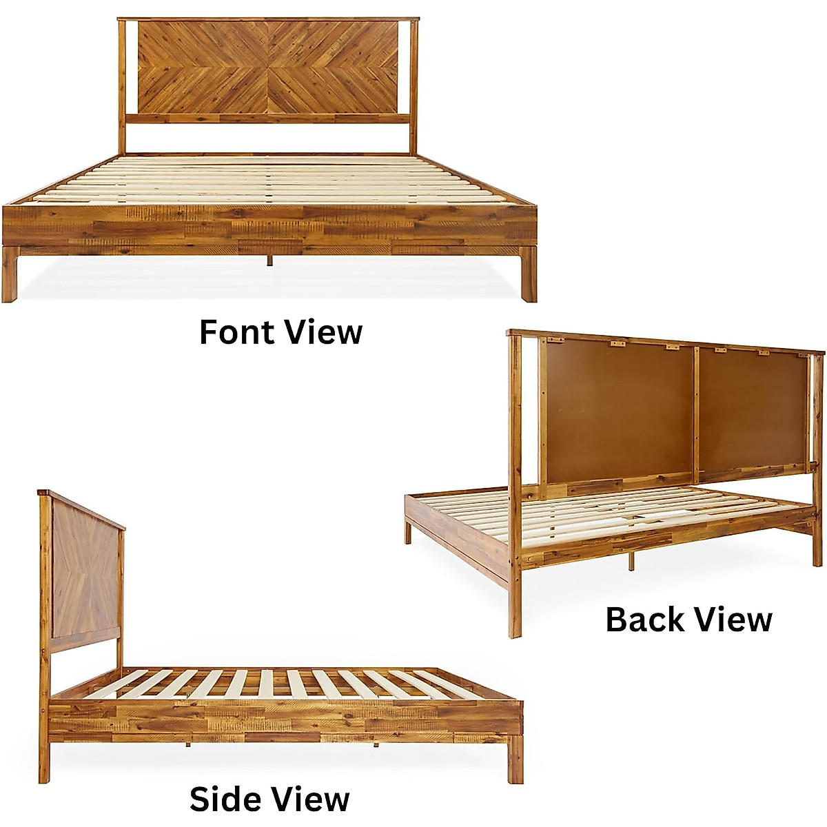 Bme Vivian 14 Inch Deluxe Bed Frame with Headboard, Rustic & Scandinavian Style with Solid Acacia Wood, No Box Spring Needed, 12 Strong Wood Slat Support, Easy Assembly, King, Rustic Golden Brown