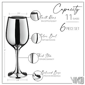 Vikko Décor Silver Wine Glasses: 11 Oz Fancy Wine Glasses With Stem For Red And White Wine- Thick And Durable Wine Glass- Dishwasher Safe - Great For Wine Tasting- Set Of 6 Decorative Goblets