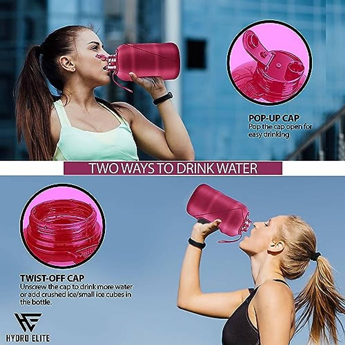 Hydro Elite Large 2.2 Liter Water Bottle - XL,Stylish Fabric Cover with Mesh Zipper Pocket, Adjustable Carry Strap (Pink)