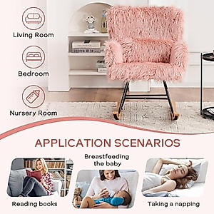 NIOIIKIT Nursery Rocking Chair, Faux Fur Upholstered Glider Rocker with Lumbar Pillow, High Backrest Rocking Accent Chair, Comfy Armchair for Living Room, Bedroom, Office (Pink)