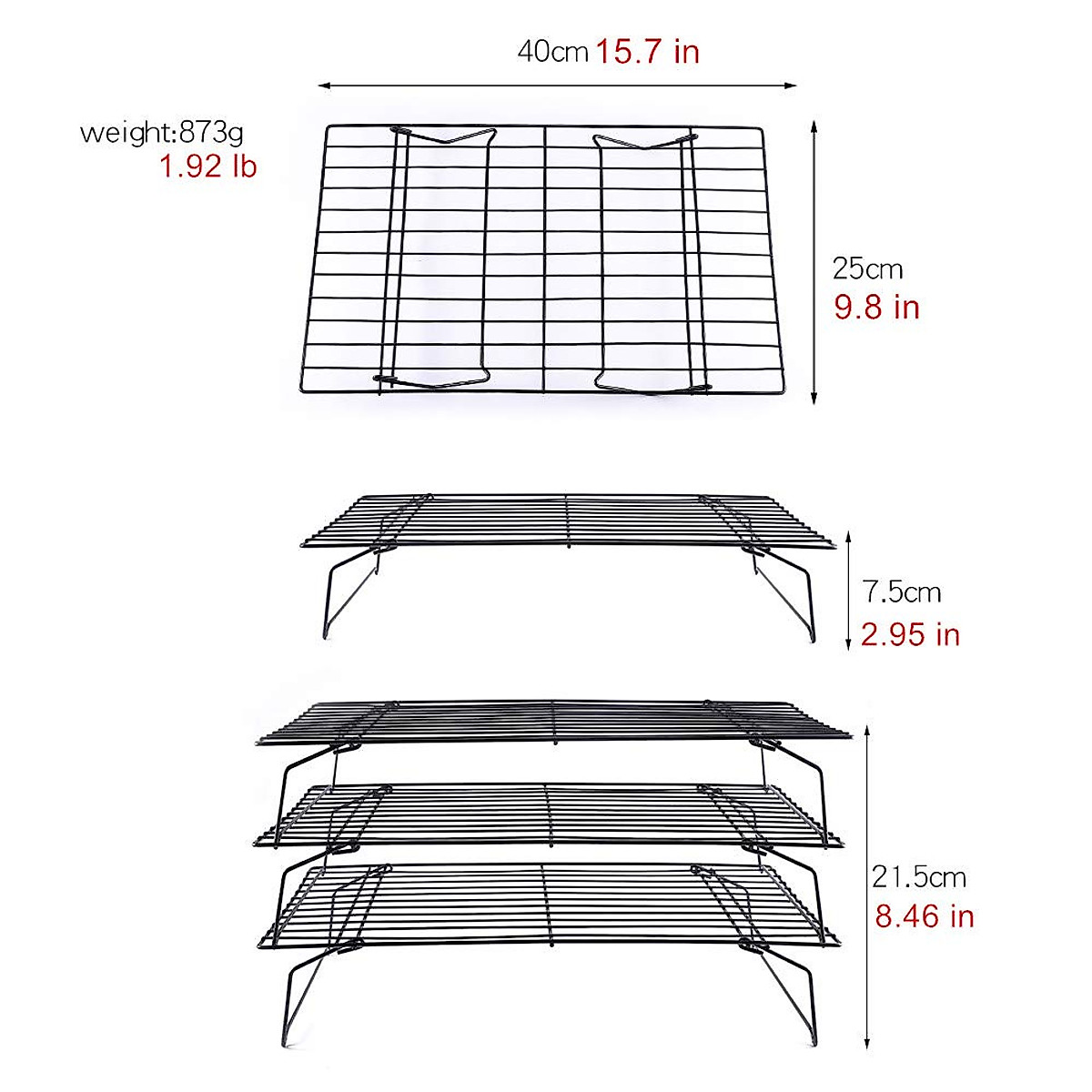 3 Tier Non Stick Cake Cooling Rack - Oven Safe, Heat Resistant, Space Saving Stackable Wire Tray with Collapsible Legs for Roasting, Cooking, Grilling, Drying, Plus Multi-use Basting Brush, 10x16 in