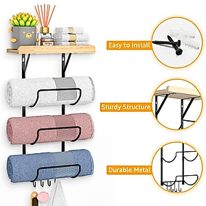 Goramio Wall Mounted Towel Rack for Bathroom - Metal Towel Storage Organizer with Wooden Top Shelf and 4 Hooks - Towel Holder for Rolled Towels, Bath Towels, Washcloths, Hand Towels, Small Towels