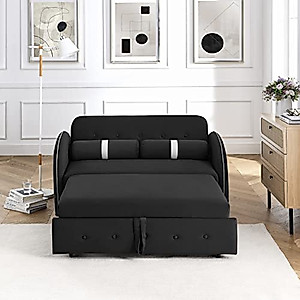Caroun 55.5" Pull Out Sofa Bed 2 Seater Loveseats Sleeper Sofa with Side Pockets Adjsutable Backrest and Lumbar Pillows for Apartment Office Living Room (Black 2)