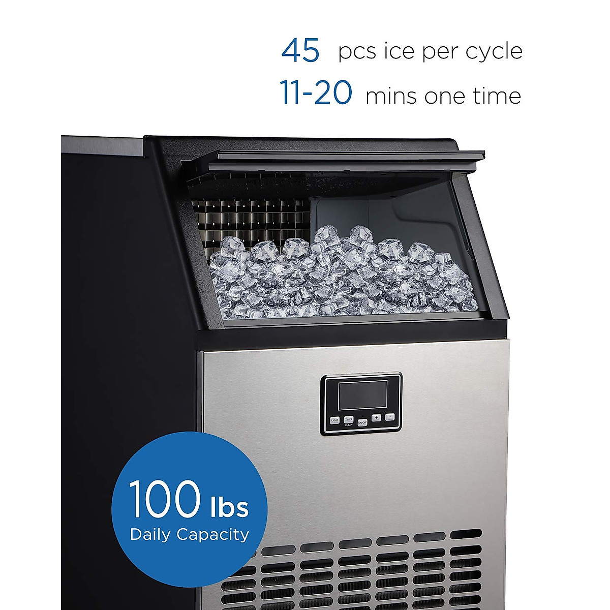WATOOR Commercial Ice Maker Machine with Bottom-Loading Water System, LCD Display Under Counter or ‎Freestanding 100lbs/24h