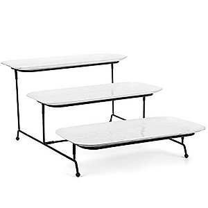 3 Tiered Serving Platter, 3-Piece 14.75" Melamine Tray and Tier Rack, Rectangular Food Display Stand with White Melamine Platters - Serving Trays for Parties