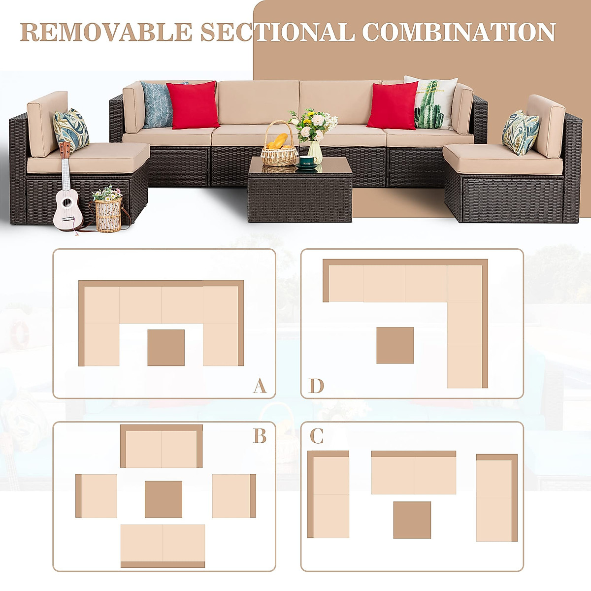 Vongrasig 7 Pieces Outdoor Patio Furniture Sets, Outdoor Sectional Rattan Sofa, PE Manual Weaving Wicker Patio Conversation Set with Cushion, Glass Table, Red Pillow (Beige)