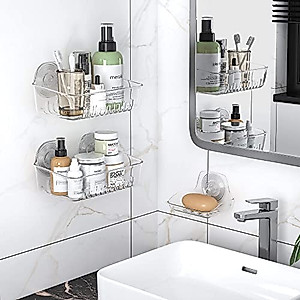 UDD Clear Shower Caddy with Soap Dish, Bathroom Shower Organizer Storage Shower Rack Wall Adhesive Shower Shelves for Dorm Bathtub, 3 Pack