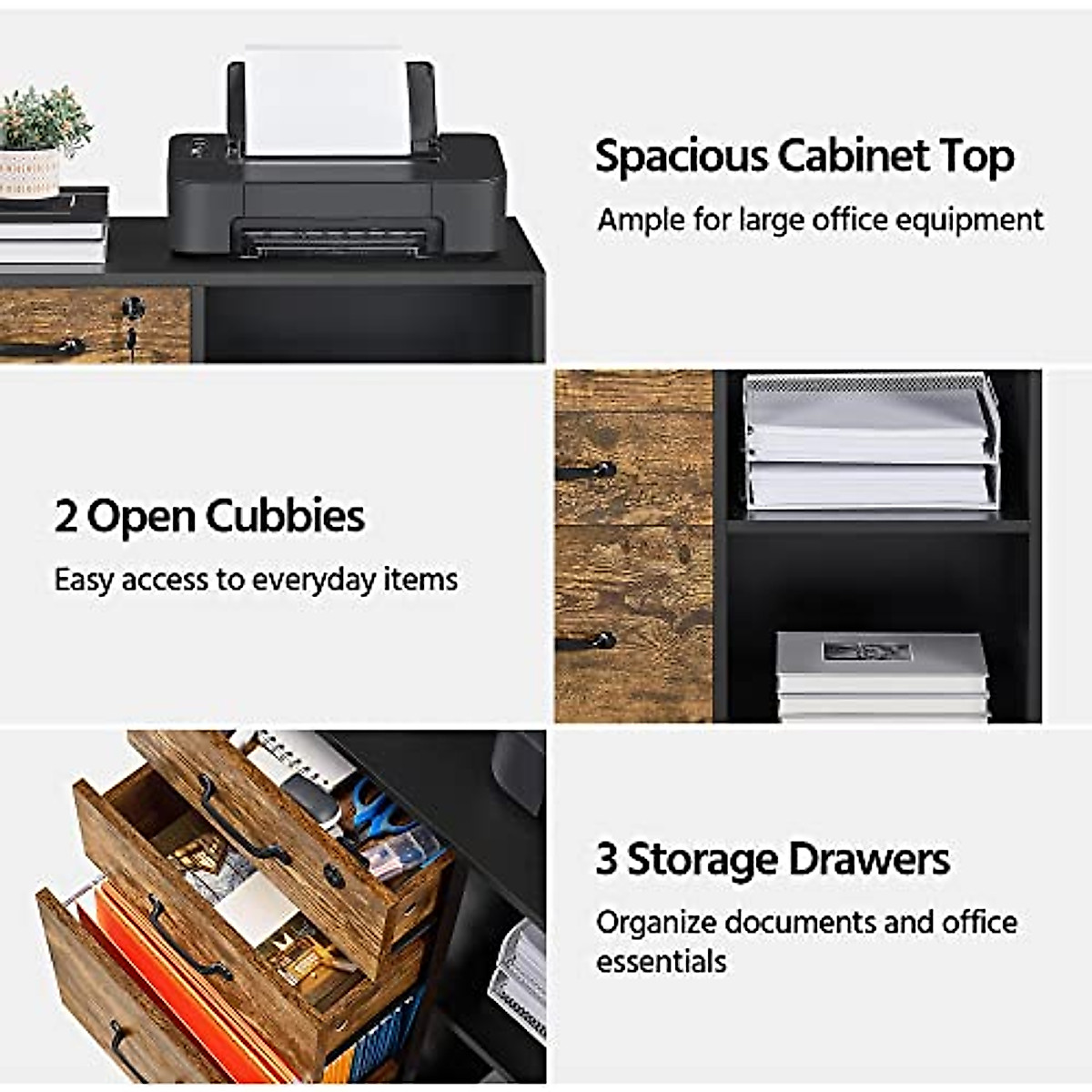 Yaheetech Lateral File Cabinet with Lock for Letter, A4 Size, 3 Drawer Printer Stand with Open Storage Compartments, Mobile Filing Cabinet for Home Office, Black/Rustic Brown