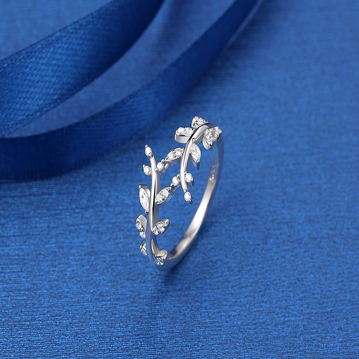 SILBERTALE Olive Branch Ring for Women 925 Sterling Silver 14K White Gold plated thin Paved CZ Cubic Zirconia Thumb Pinky Wrap Around leaf Ring Promise Stackbale Band Size 7