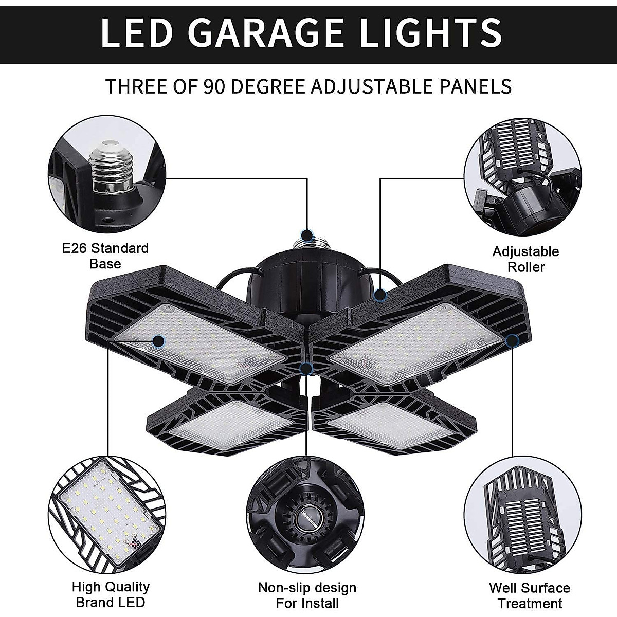 6Pack LED Garage Lights, 100W Deformable LED Lighting 10000LM E26 Daylight 6000K Super Bright Adjustable Lights for Warehouse