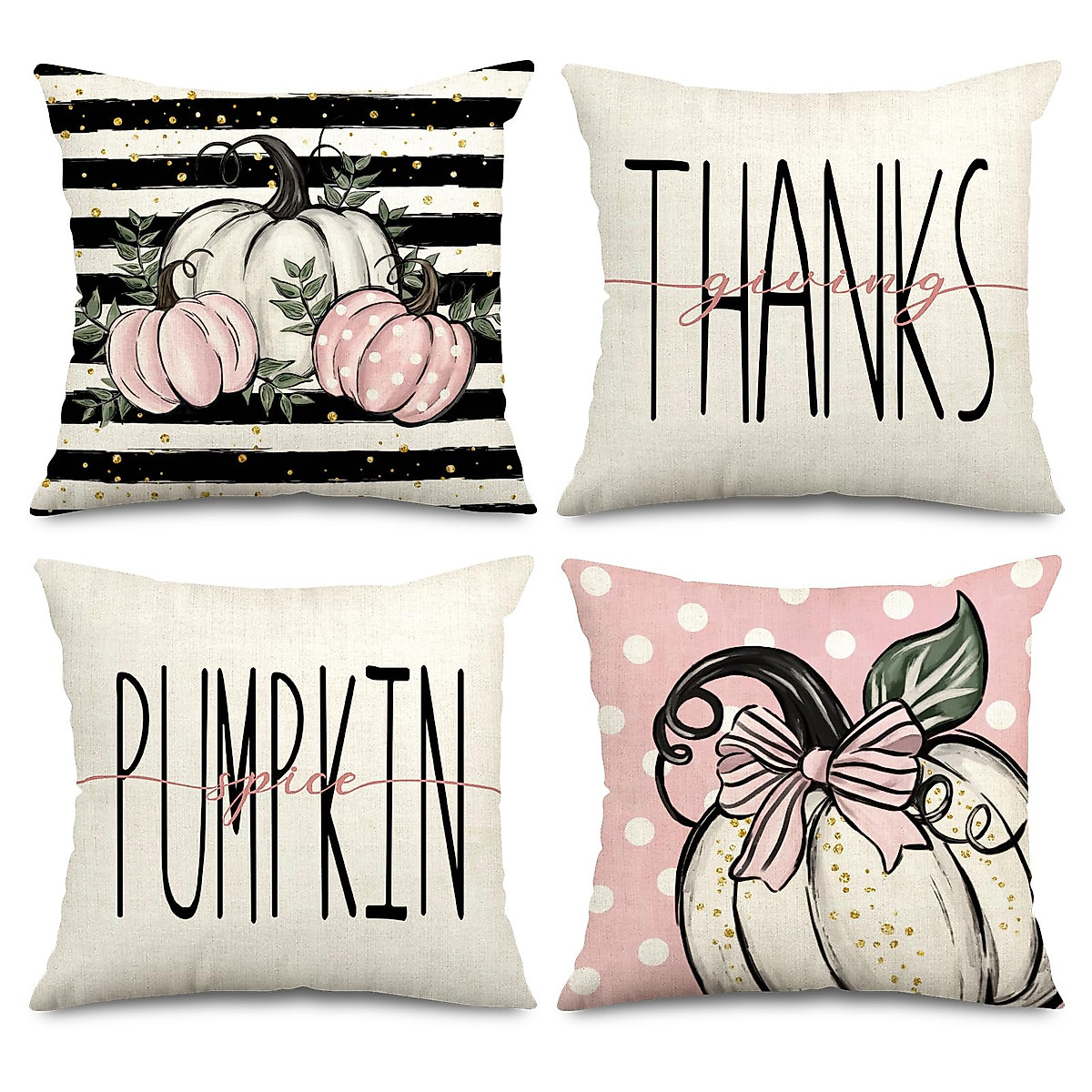 AnyDesign Fall Pillow Covers Gold Foil Pumpkin Throw Pillow Case Black Pink Autumn Decorative Cushion Cover for Harvest Farmhouse Thanksgiving Home Office Room Couch Sofa Decor, 18 x 18 Inch, 4Pcs