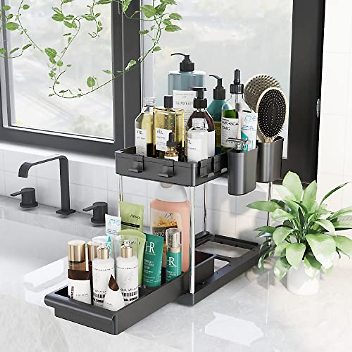 XIBALAGA Under Sink Organizer,2 Tier Under Sink Organizers And Storage For Kitchen Bathroom,Under Sink Cabinet Organizer，Multi-purpose Stable And Sturdy Countertop Organizer (black one sliding)