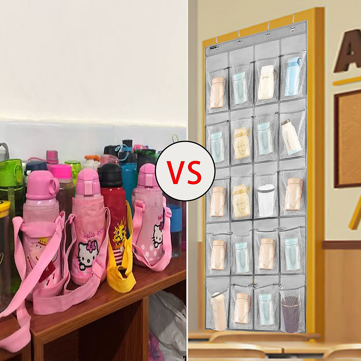 ANZORG Over Door Hanging Water Bottle Holder Cup Organizer for Kitchen Pantry Glass Bottle Storage Rack with 20 Pockets (MESH POCKETS)