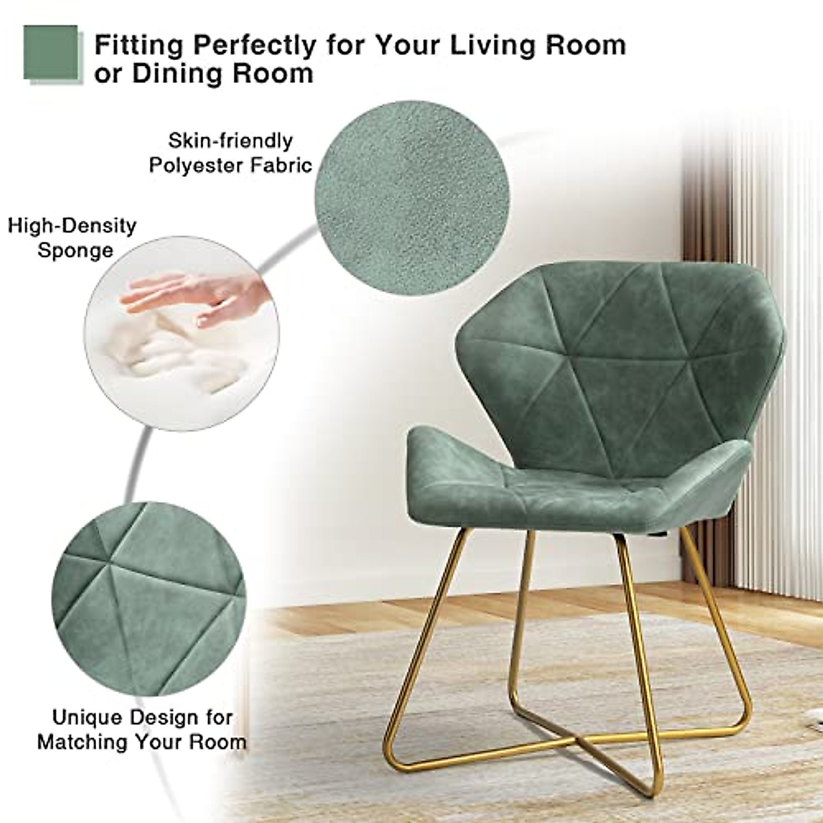 NIOIIKIT Upholstered Dining Chairs, Tufted Dining Chairs with Golden Metal X-Shaped Base, Small Accent Chairs, Living Room Chair for Small Spaces, Corners, Living Room, Dining Room (Sage)