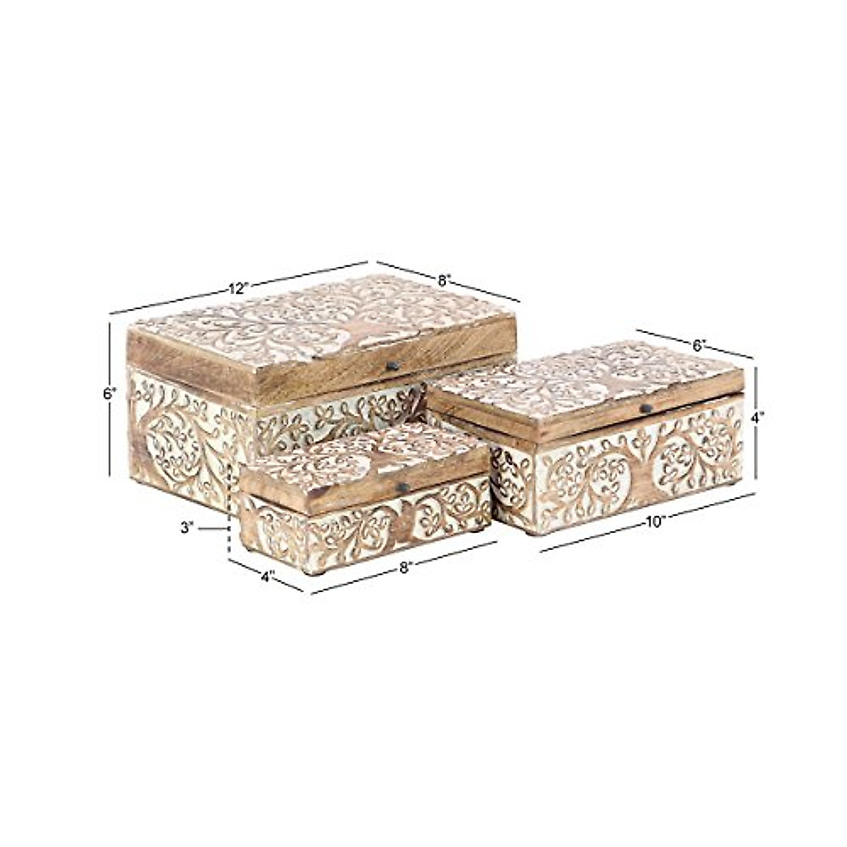 Deco 79 Mango Wood Floral Box with Hinged Lid, Set of 3 8", 10", 12"W, Brown