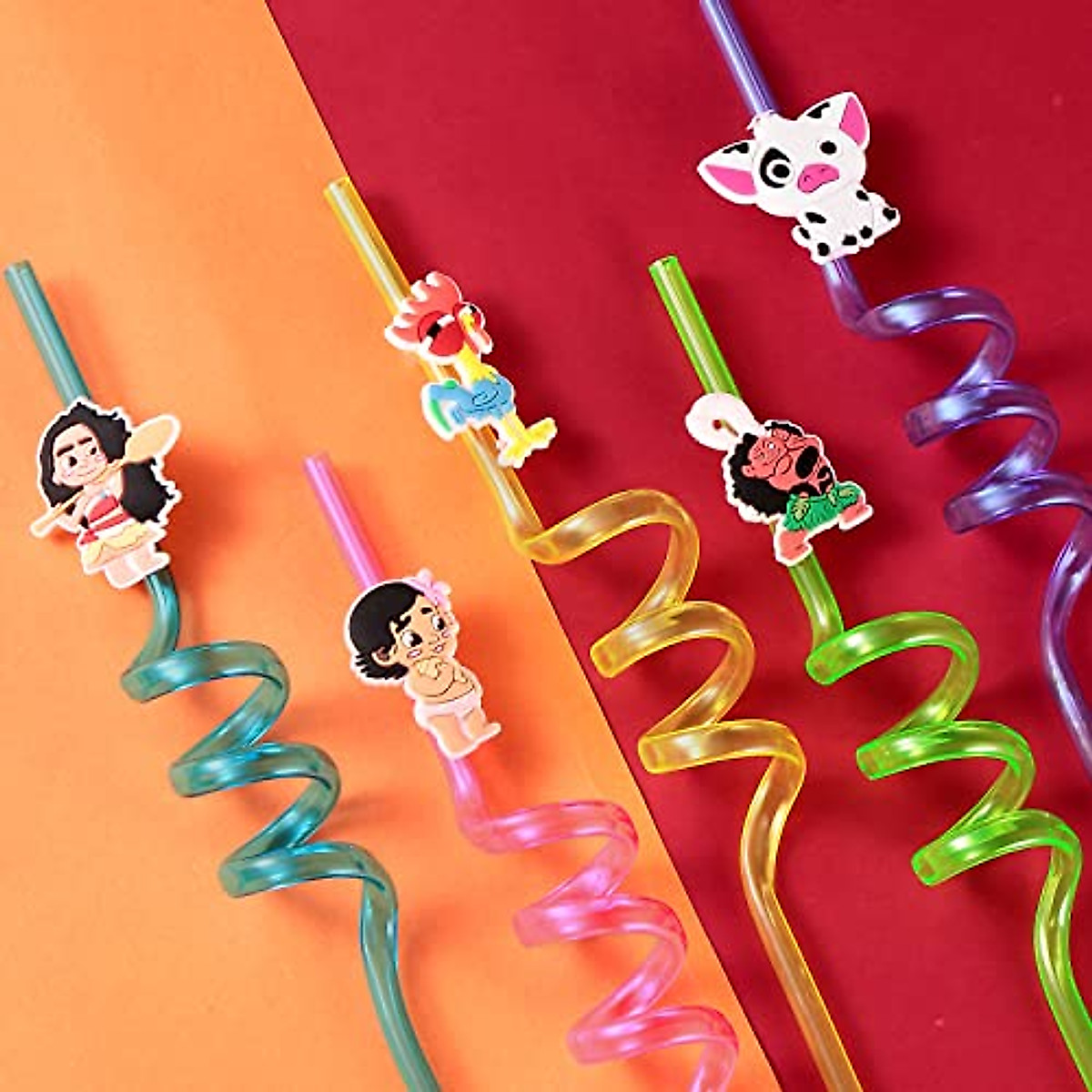 AFZMON 24 PCS Moana Drinking Straws Reusable Moana Plastic Beverages Cocktail Straw with Cartoon Decoration for Kids Moana Party Supplies for Birthday Party Favors