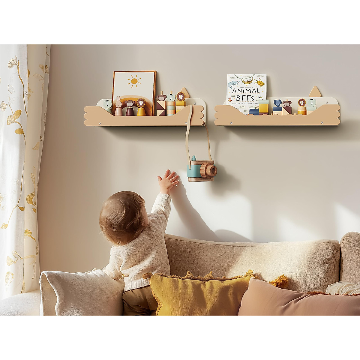 TomVista Nursery Floating Shelves, 16.5 Inches Cute Decorative Shelf for Bedroom, Kids' Room, Wall Mounted Wood Bookshelf Organizer for Wall Storage, White/Sandy Beige, Set of 3