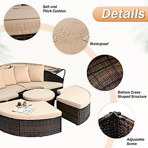 SOLAURA Outdoor Round Daybed, Patio Daybed with Retractable Canopy and Brown Wicker Patio Sectional Sofa, Seating Separates Cushioned Seats (4 Light Brown Pillow)
