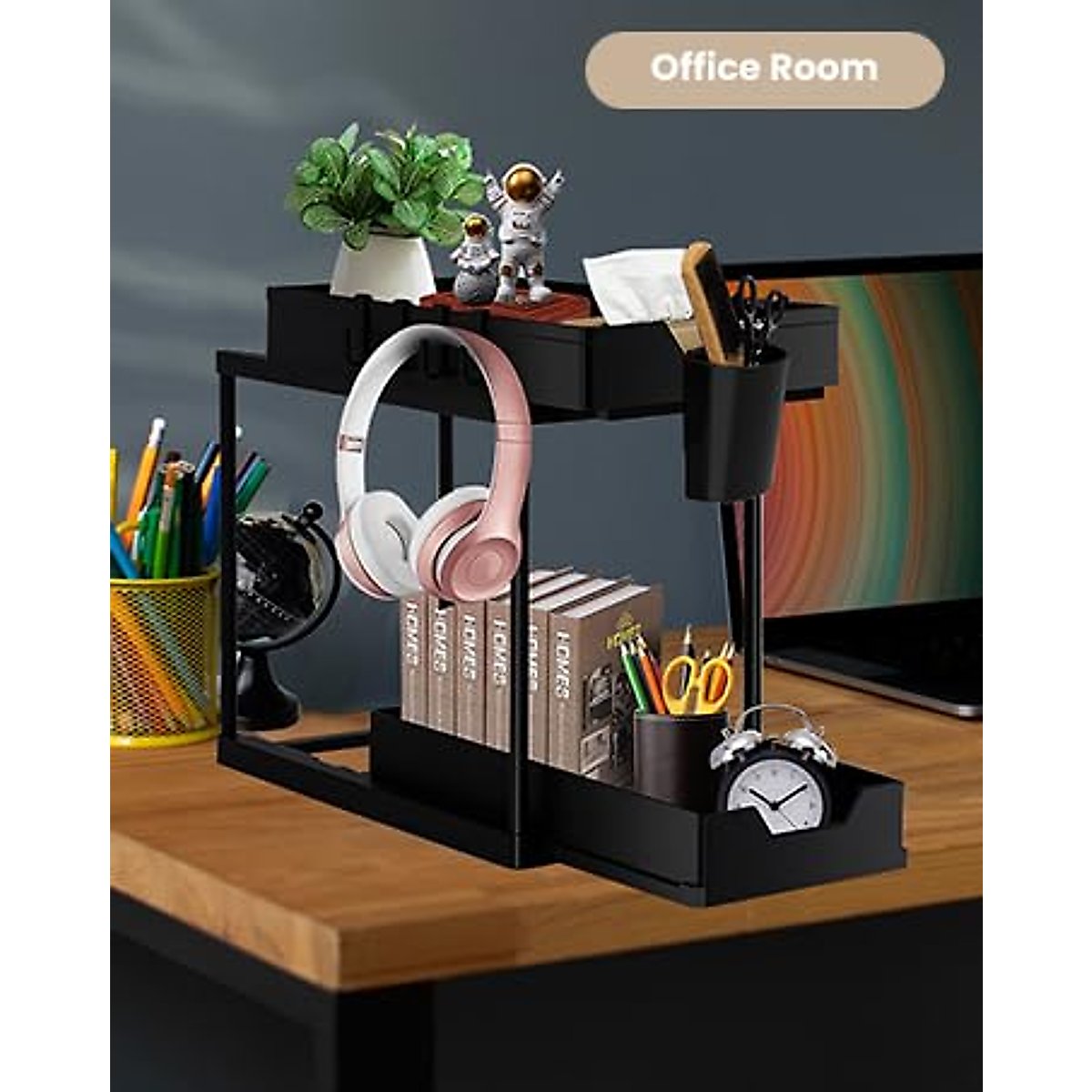 Chiaamo, Under Sink Organizers and Storage 2-Tier Sliding Shelf, 1 Sliding Organizer for countertop or Under The Sink with 4 Telescopic Tubes That Allows You to Adjust The Height to Your Need.