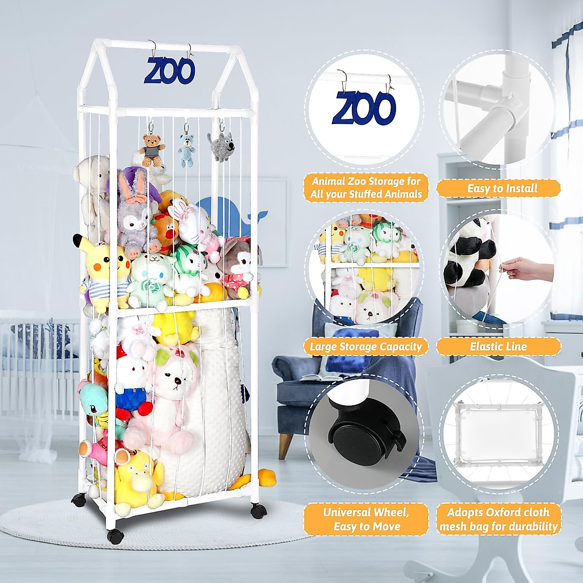 XMBecc Stuffed Animal Storage Zoo Stuffed Animal Holder Space Save Vertical Stuffed Animals Storage PVC with Elastic Band and Net for Playroom Birthday Gift for Bedroom（white）