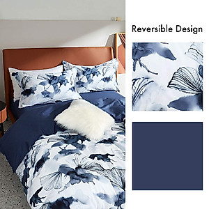 Mildly 100% Long Staple Cotton Duvet Cover Set Dark Blue Ginkgo Leaf Watercolor Comforter Cover Set