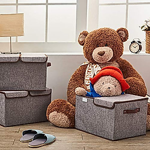 EZOWare Large Storage Boxes [3-Pack] Large Linen Fabric Foldable Storage Cubes Bin Box Containers with Lid and Handles for Nursery, Closet, Kids Room, Toys, Baby Products (Gray)