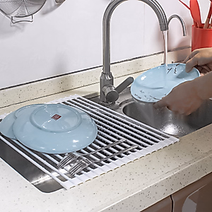 H S T Over The Sink Dish Drying Rack for Kitchen - 17" x 13" Heavy Duty Silicone Wrapped Steel Rods Over Sink Dish Drying Rack - Multipurpose Roll Up Sink Drying Rack - White