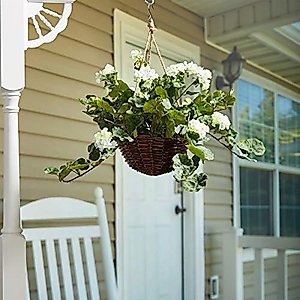 Pure Garden Faux Flowers White Geranium Hanging Natural and Lifelike Floral Arrangement with Basket for Home or Office