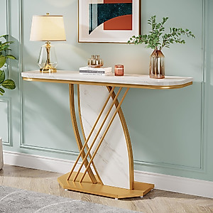 Tribesigns Gold Entryway Table, Modern Console Table, Half Moon Entry Table with Geometric Metal Legs, Faux Marble Narrow Sofa Table Hallway Table for Entrance, Living Room, White & Gold