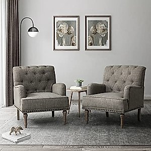 HULALA HOME Set of 2 Modern Accent Chair with Retro Wood Legs, Comfy Upholstered Armchair with Button-Tufted and Nailhead Trim for Living Room Bedroom, Grey