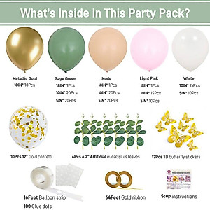 Sage Green Pink Balloon Arch Kit 153Pcs Light Pink Olive Green Blush White Gold Latex Confetti Balloons Garland Artificial Eucalyptus 3D Butterfly for Baby Shower Birthday Party Decorations