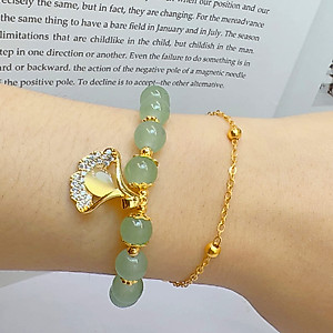 Natural Jade Bracelet for Women Hotan Jade Leaf Bracelet Natural 2-Layer Green Nephrite Jade Bracelet for Women Round Bead Design with Zircon Leaf Charm Bracelet,Lucky Jade Bracelet Ladies Jewelry (Ginkgo leaf)