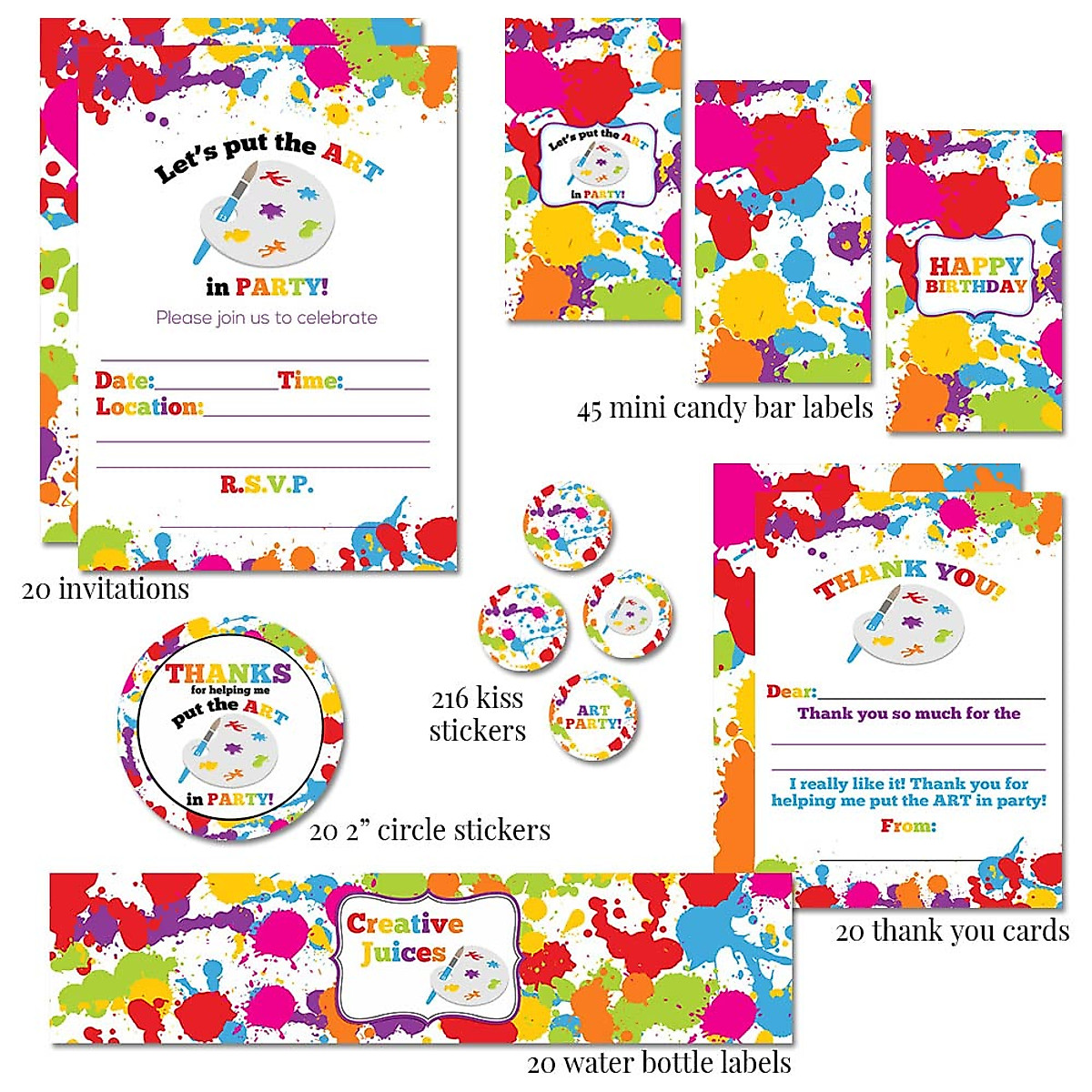 Amanda Creation Deluxe Art Party Paint Splatter Birthday Party Bundle Includes 20 Invitations & Thank You Cards with Envelopes + 3 Different Sizes of Stickers & Water Bottle Labels!