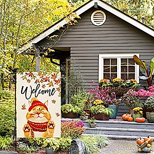 ORTIGIA Welcome Fall Cat Garden Flag Blurap Vertical Double Sided 12x18inch Autumn Maple Leaf Garden Flag for Outside Fall Thanksgiving Farmhouse Seasonal Holiday Yard Décor