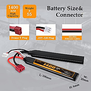 VICMILE 2S Airsoft Battery 7.4V 1400mAh Lipo Battery with Deans T Plug Rechargeable 30C High Discharge Rate Lipo Battery with Charger Fit for Airsoft Model Guns