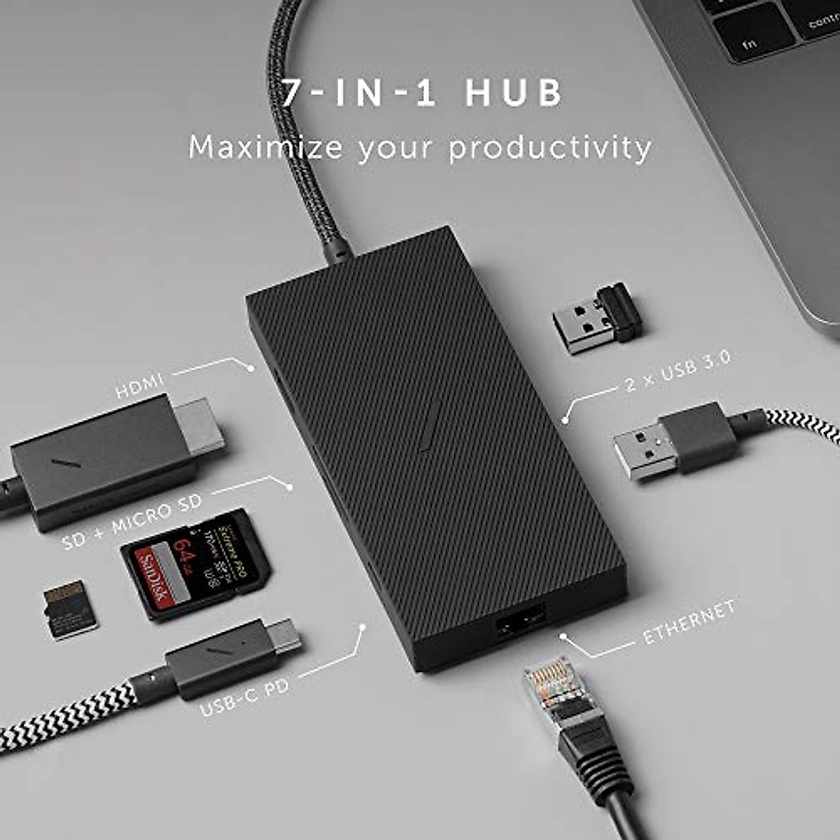 Native Union Type-C Smart Hub – 7-in-1 Adapter with 2 USB 3.0, USB-C Power Delivery, 4K@30Hz HDMI, Micro SD, SD Card Reader, Ethernet Port – Comptabile with MacBook Pro, MacBook Air, Microsoft Surface