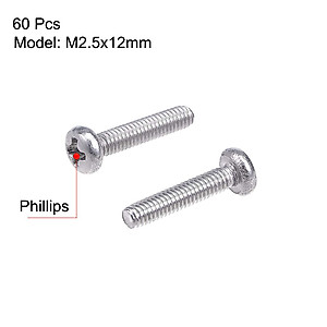 uxcell M2.5x12mm Machine Screws Pan Phillips Cross Head Screw 304 Stainless Steel Fasteners Bolts 60Pcs