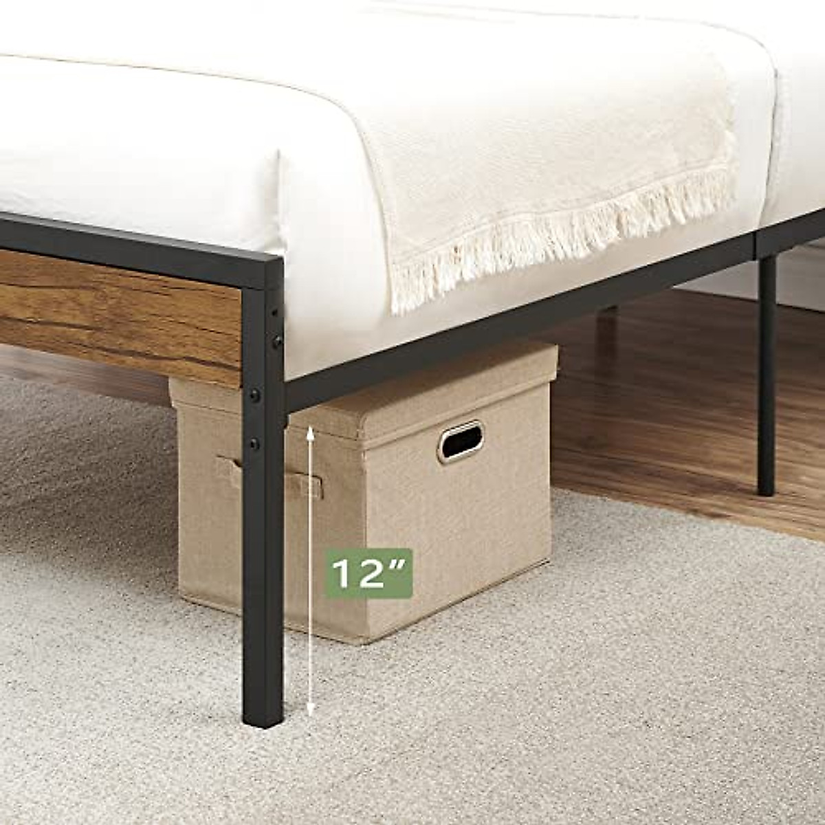 Alkmaar Bed Frame with Wood Headboard and Metal Slats Support Platform Bed Frame with Storage No Box Spring Needed (Twin)