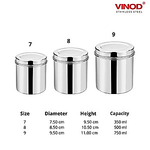 Vinod Stainless Steel Deep Dabba, Airtight Storage Container, 3 Piece Set - 350 ml, 500 ml, 750 ml