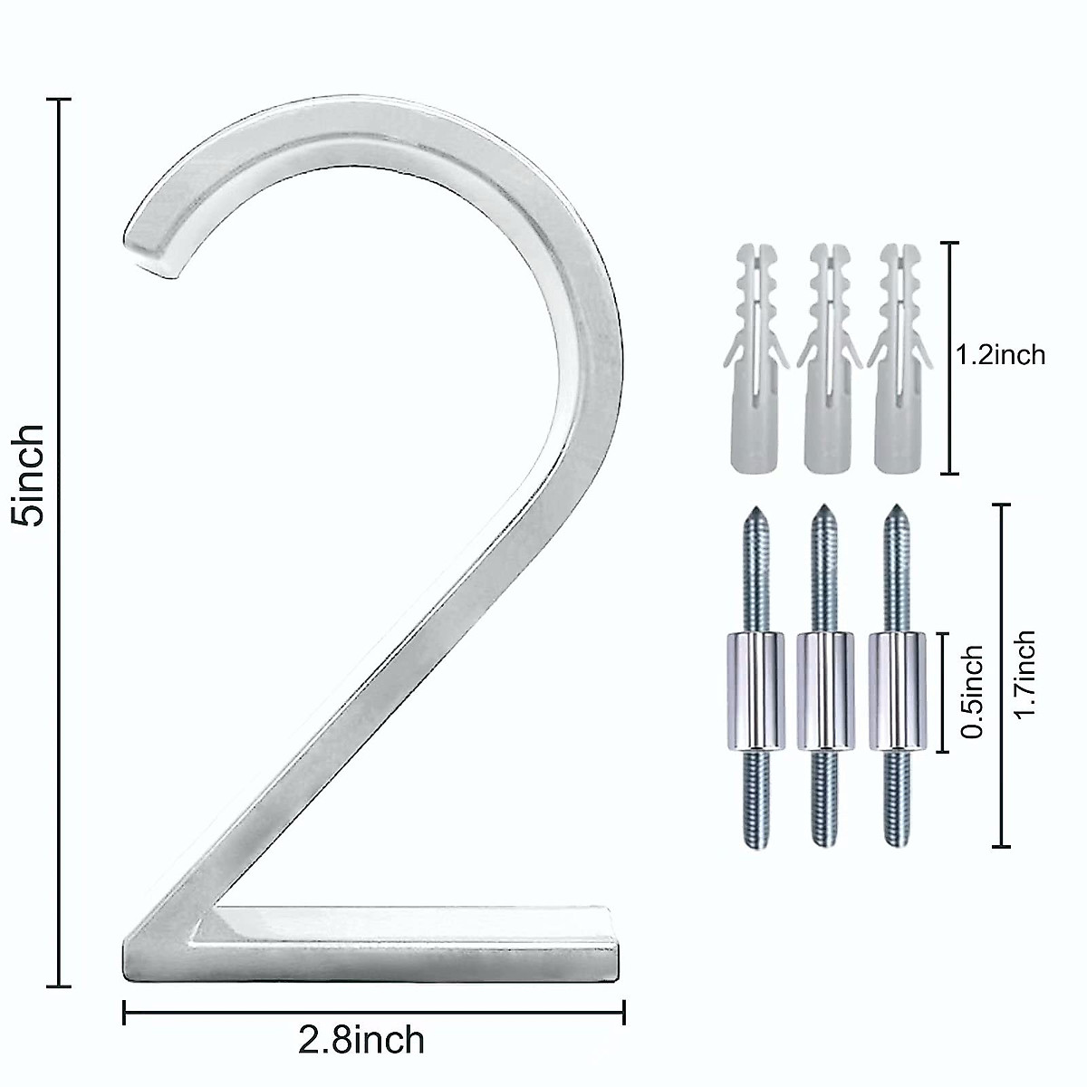 5" Zinc Alloy Floating House Number, Metal Modern House Numbers, Garden Door Mailbox Number Sign with Nail Kit, Coated Glossy Silver, Durable Visibility Signage,2